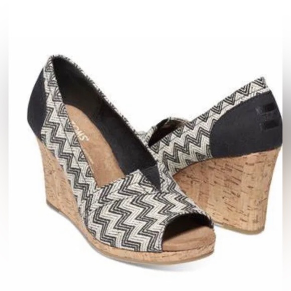 Toms | Shoes | Wedge Heels Toms Stella Black White Chevron Peep Toe ...